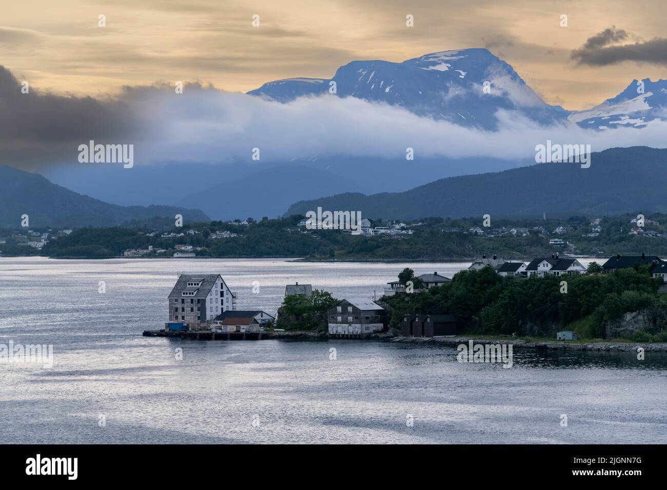 Alesund Norway, view of the port and misty mountain scenery Stock Photo ...
