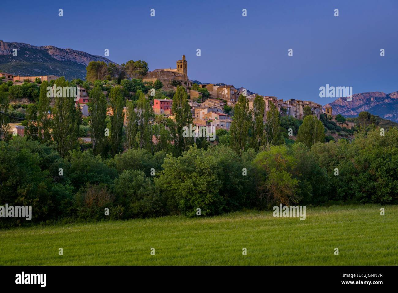 Àger village and the Montsec range at sunset, twilight and night (La ...