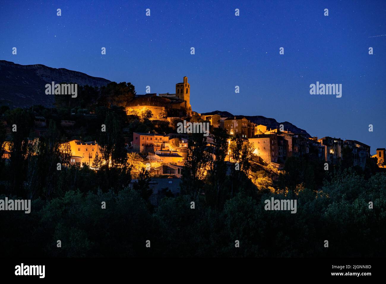 Àger village and the Montsec range at sunset, twilight and night (La ...