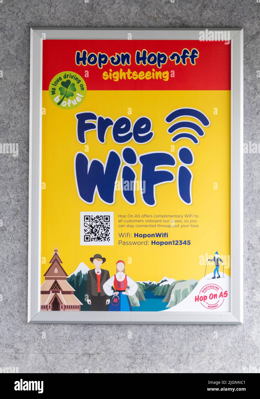 Sign for free WiFi on hop on hop off bus, Alesund, Norway Stock Photo ...