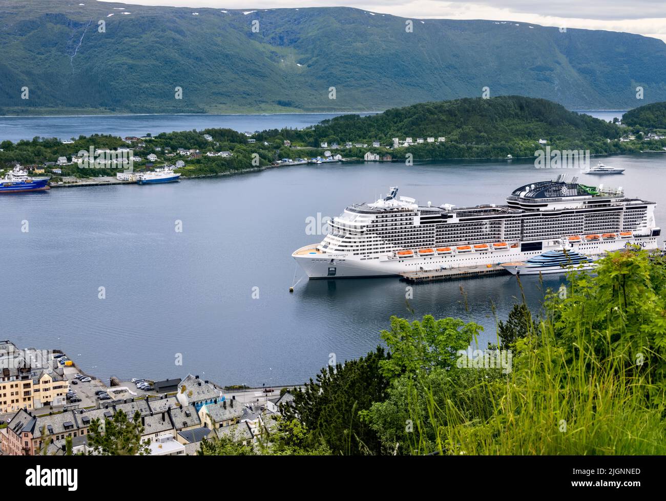 MSC Grandiosa cruise ship Alesund Norway from Mount Aksla Viewpoint ...