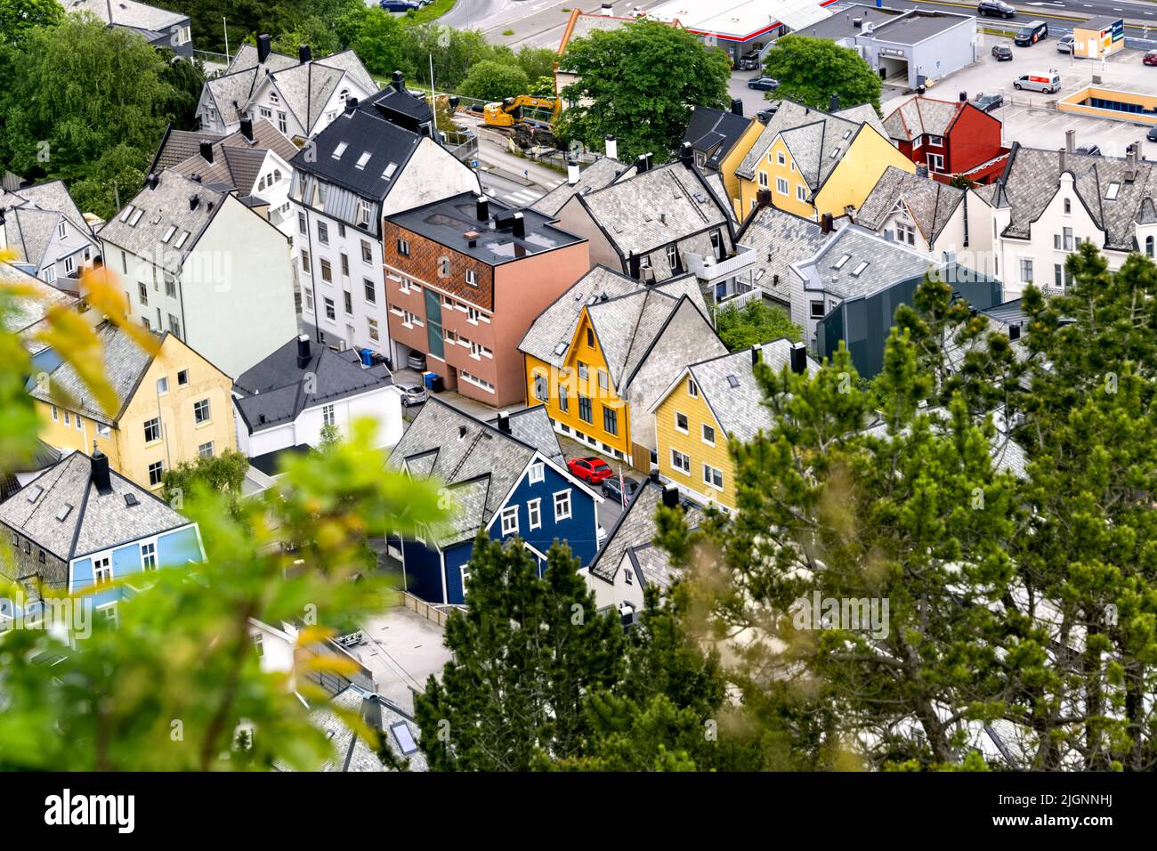 View of Alesund and colourful buildings from viewpoint Fjellstua, Mount ...