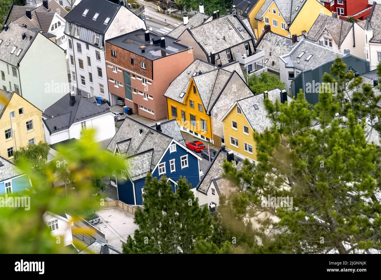 View of Alesund and colourful buildings from viewpoint Fjellstua, Mount ...