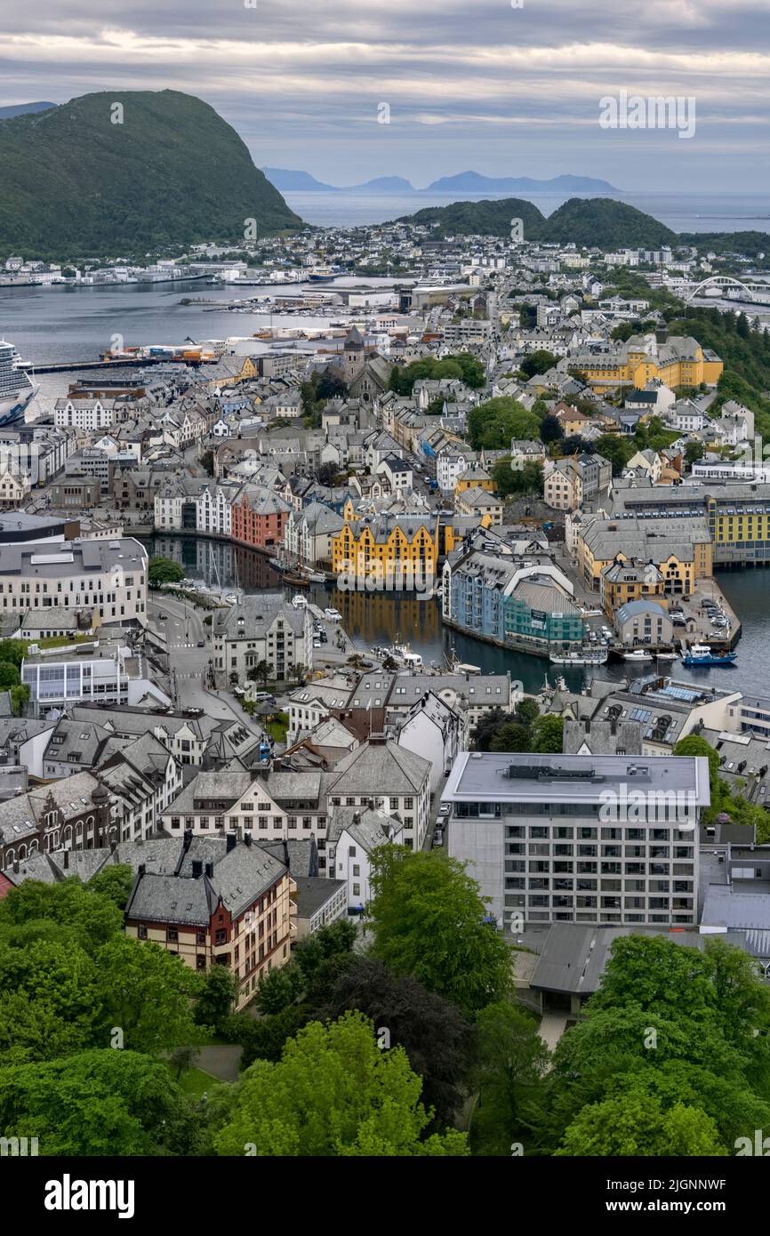 View of Alesund and colourful buildings from viewpoint Fjellstua, Mount ...