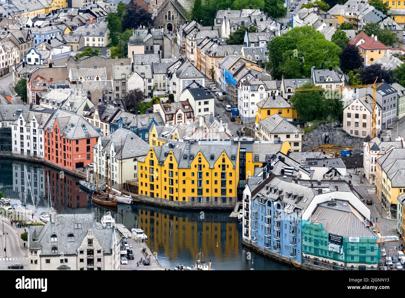 View of Alesund and colourful buildings from viewpoint Fjellstua, Mount ...