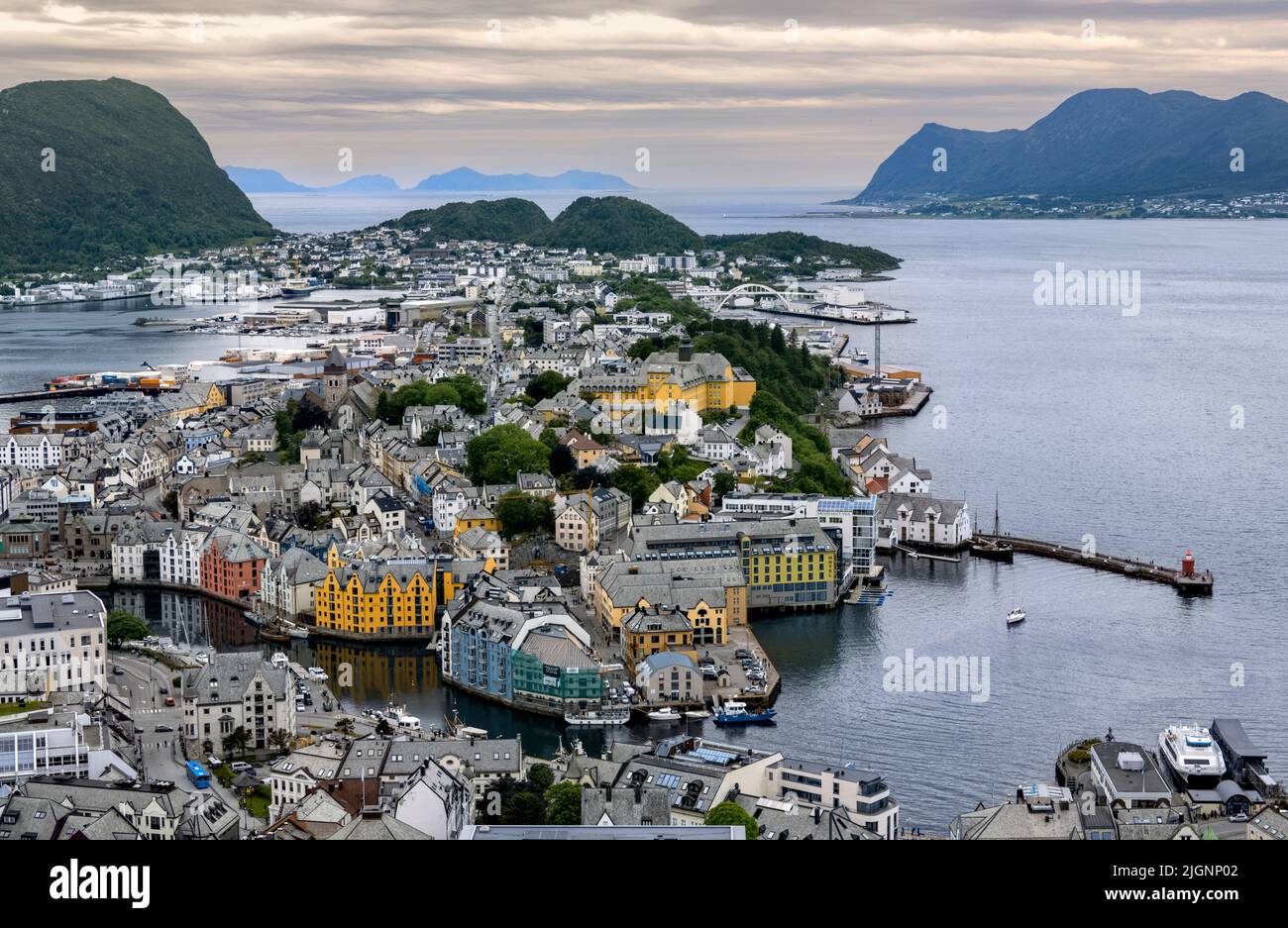 View of Alesund and harbour from viewpoint Fjellstua, Mount Aksla Stock ...