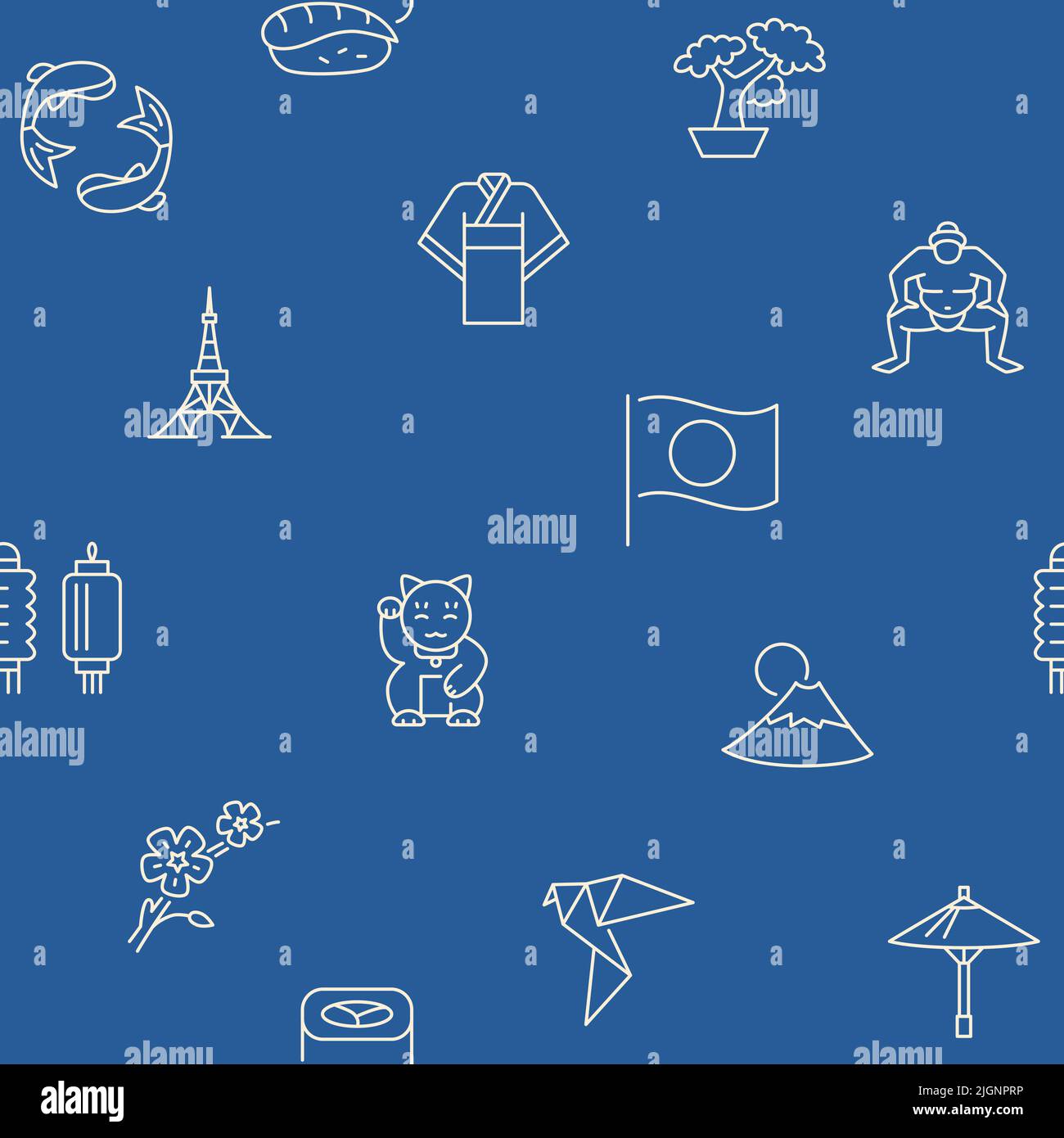 Blue Japan seamless pattern in line style. Japanese culture traditional ...