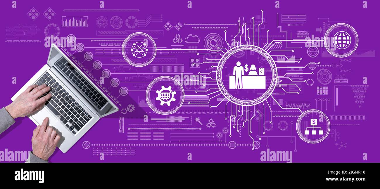 Top view of hands using laptop with symbol of purchase concept Stock ...