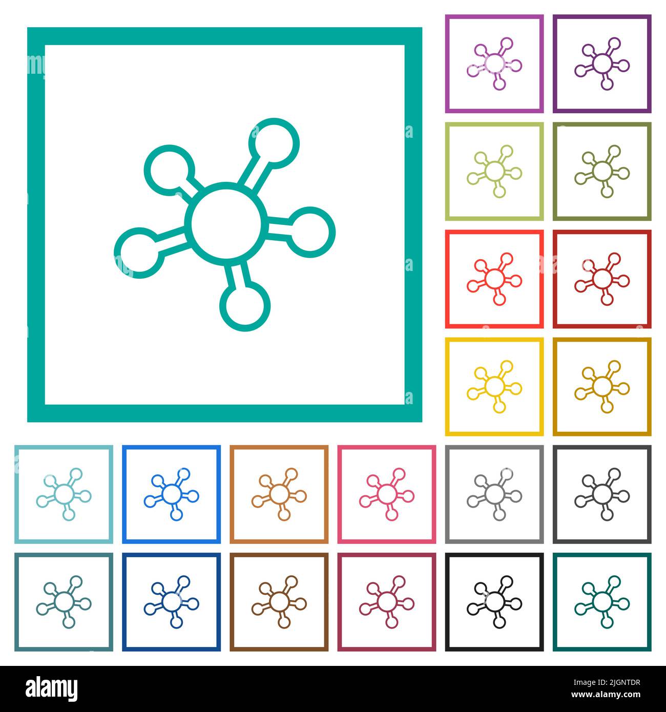 Network connections outline flat color icons with quadrant frames on ...