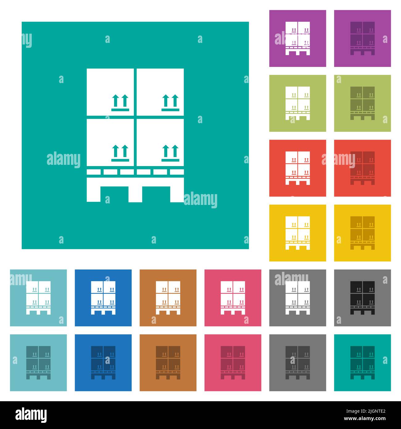 Pallet with boxes multi colored flat icons on plain square backgrounds ...