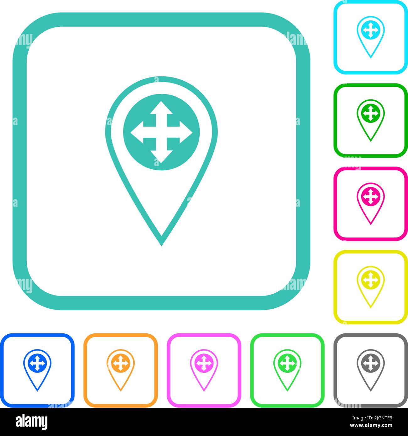 GPS location move vivid colored flat icons in curved borders on white ...