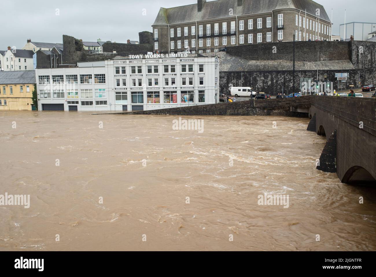 River Towy overcomes flood defences during Storm Callum 2018, Wales, UK ...