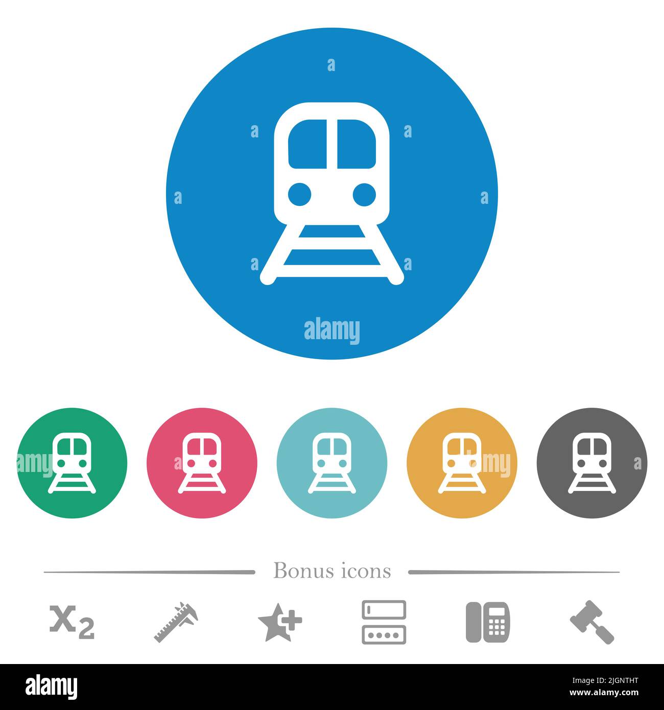 Train flat white icons on round color backgrounds. 6 bonus icons ...