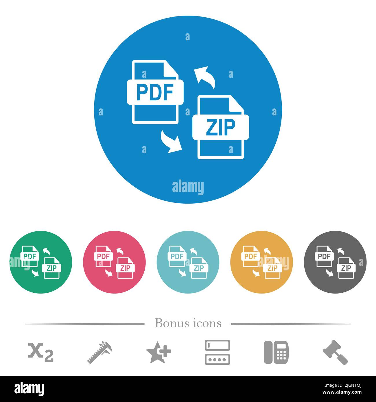 PDF ZIP file compression flat white icons on round color backgrounds. 6 ...
