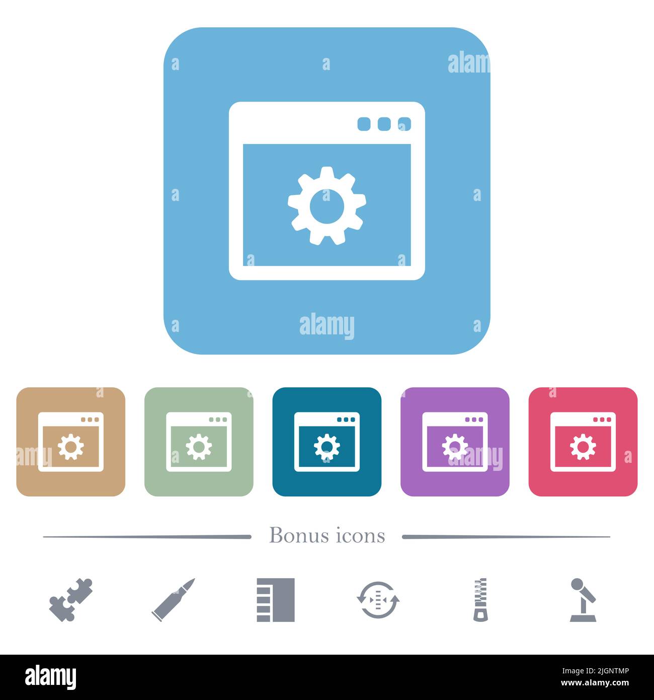 Application settings white flat icons on color rounded square backgrounds. 6 bonus icons ...