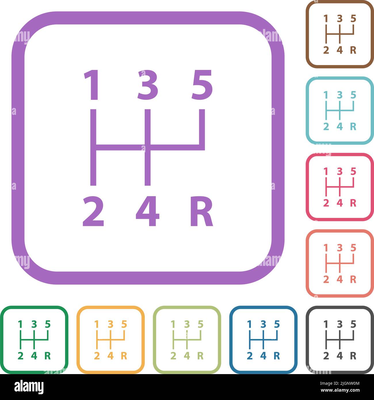 five speed manual gear shift simple icons in color rounded square frames on white background ...