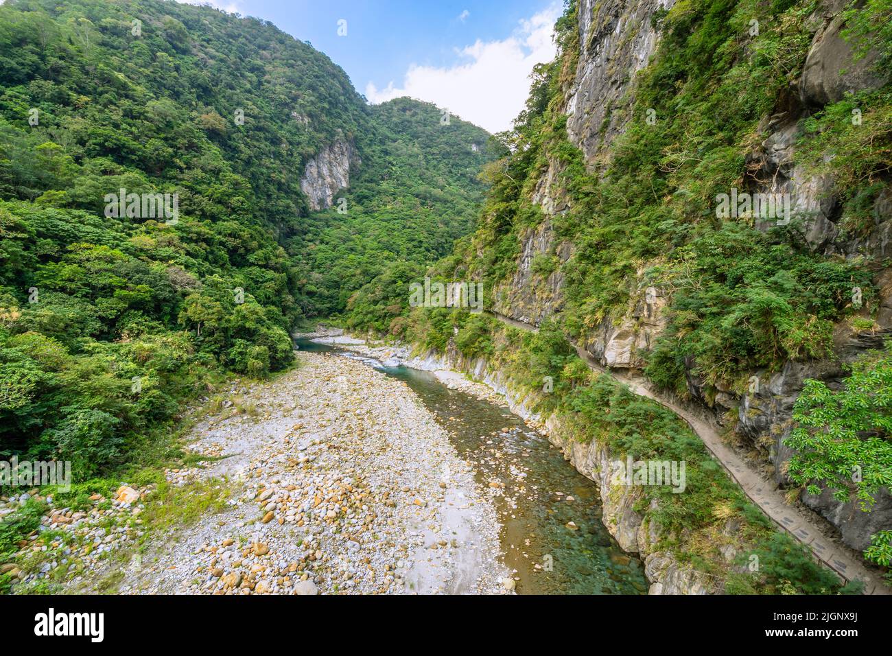 Beautiful natural scenic of river inside the valley with green forest ...