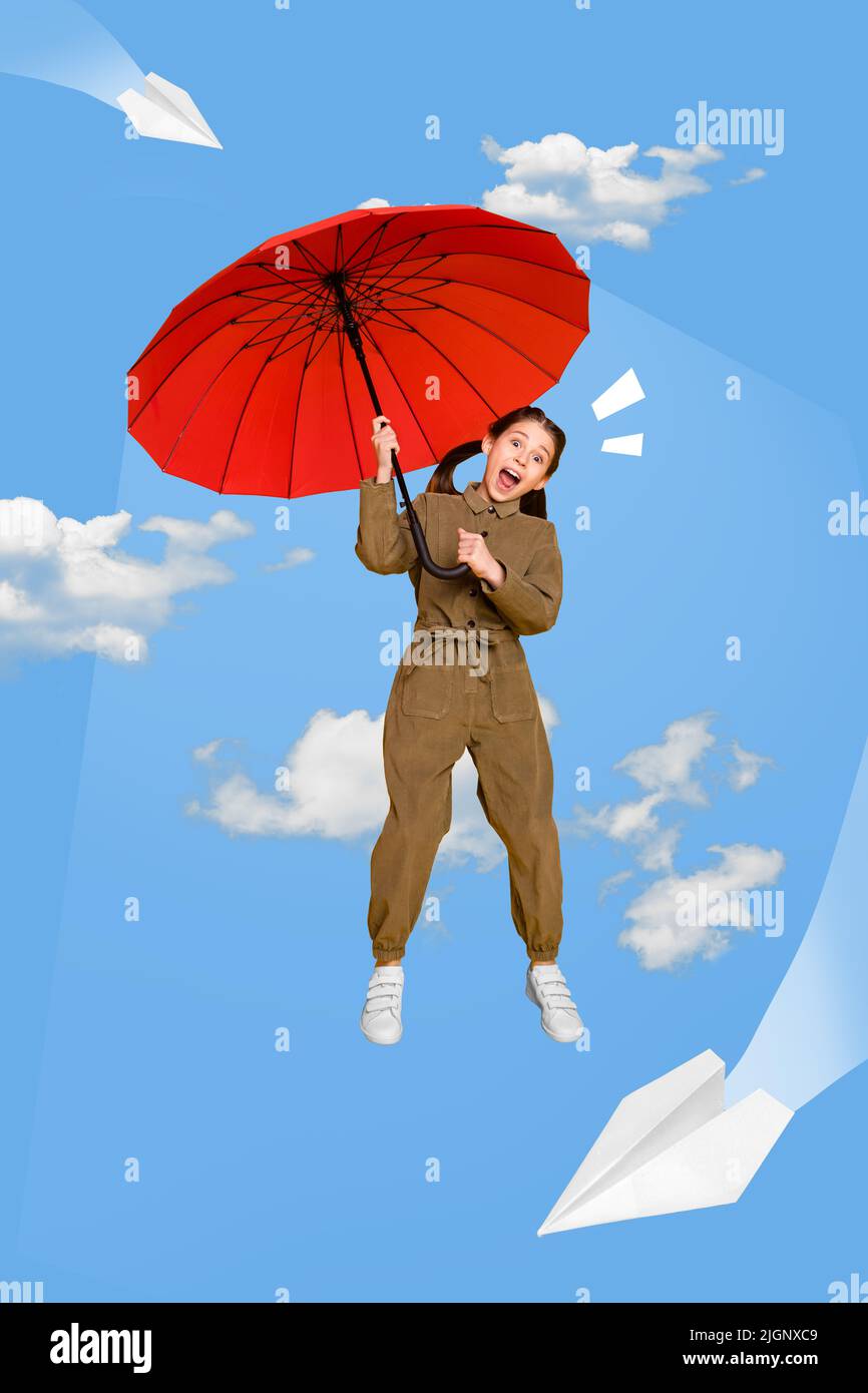 Vertical collage portrait of excited girl arms hold umbrella flying ...