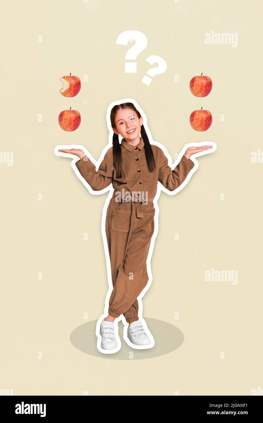 Vertical collage image of cheerful girl arms palms hold show apple ...