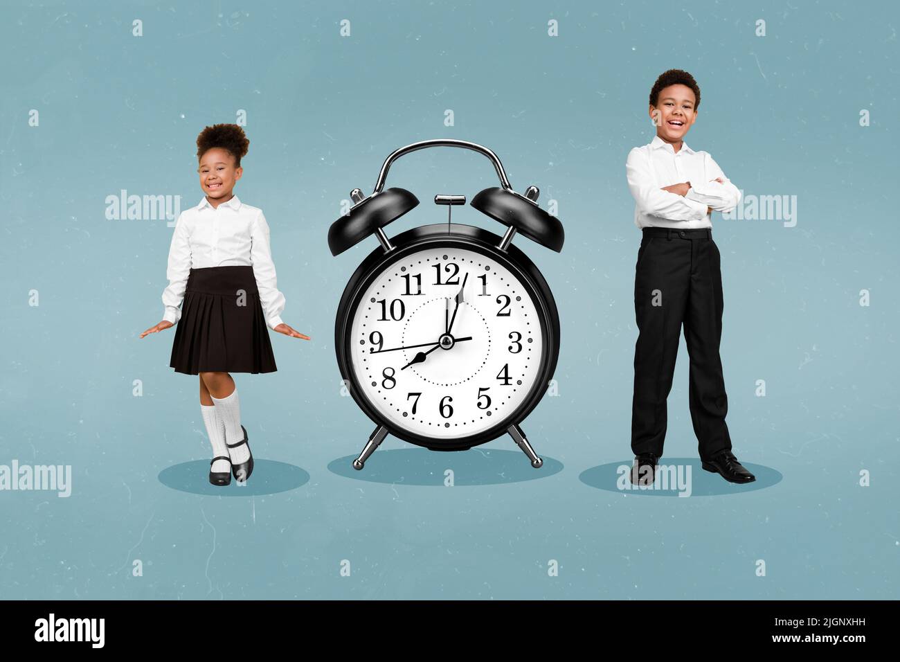 Creative collage portrait of two small kids stand near huge clock ...