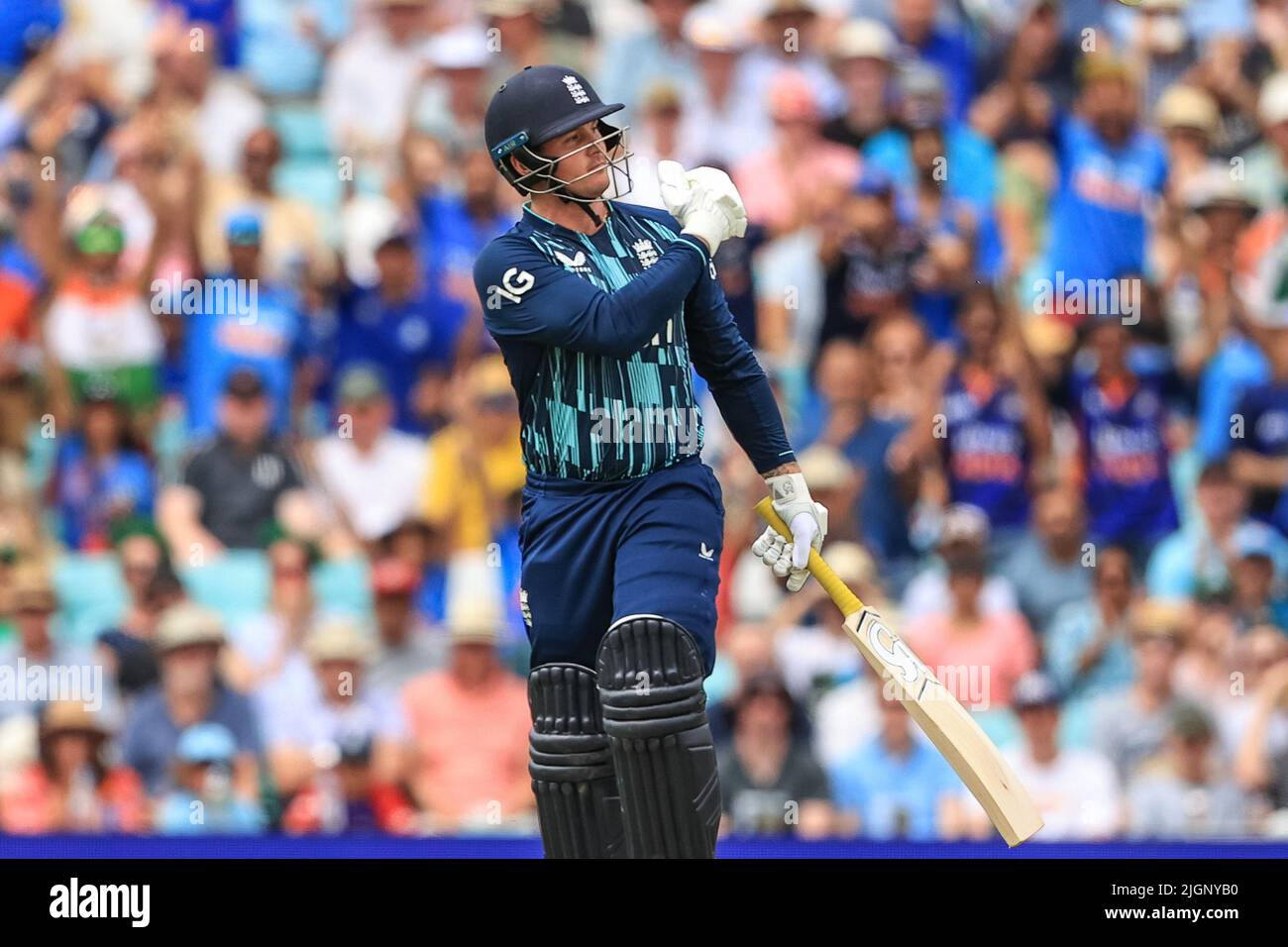 Jason Roy of England punches the air after Jasprit Bumrah of India ...