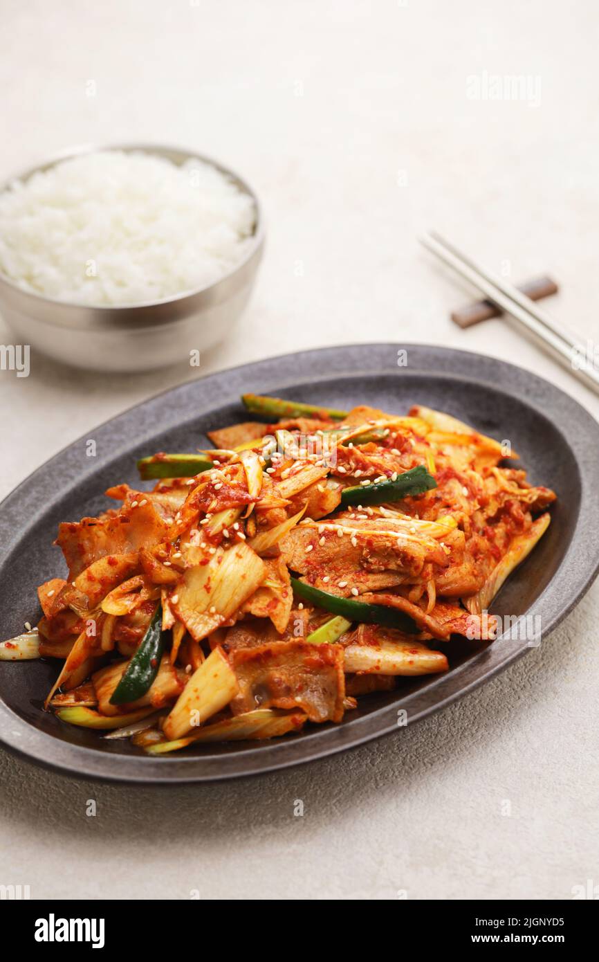 pork belly and kimchi stir fry, Korean food Stock Photo - Alamy