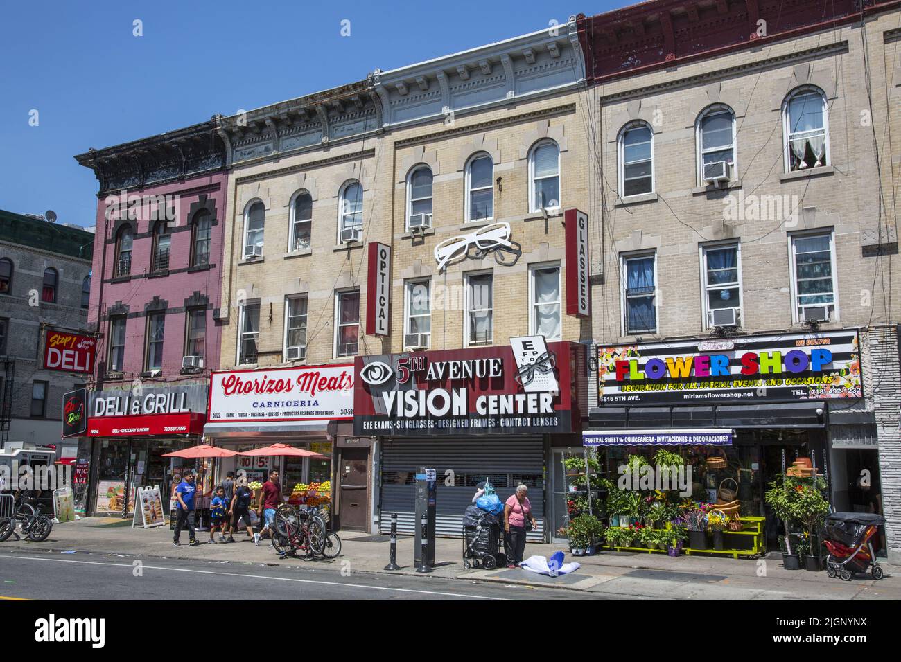 Stores along 5th Avenue in the highly Hispanic Sunset Park neighborhood of Brooklyn, New York ...