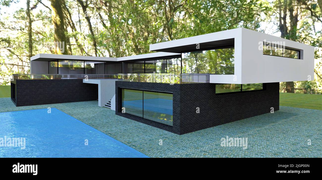 Stunning luxury high tech house with big pool in a sunny forest. Flat ...