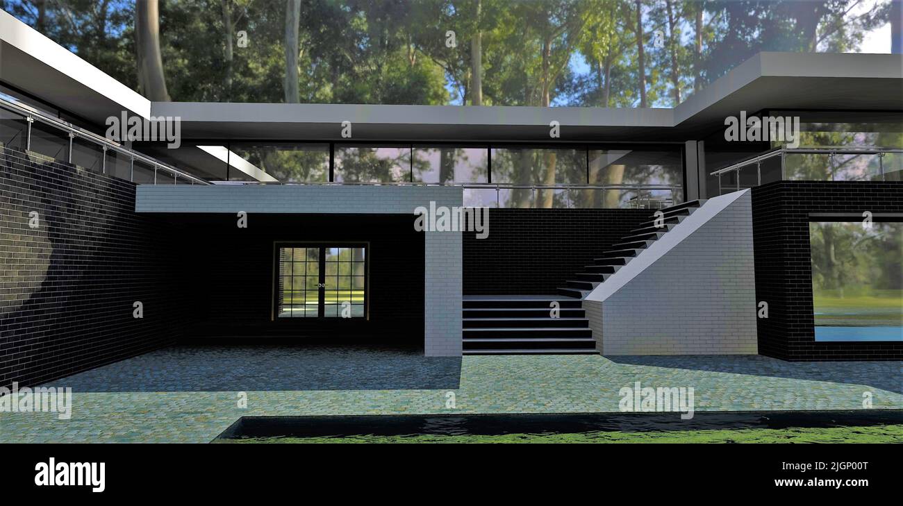 The yard of amazing design house. Black brick finishing. Shadow of a ...