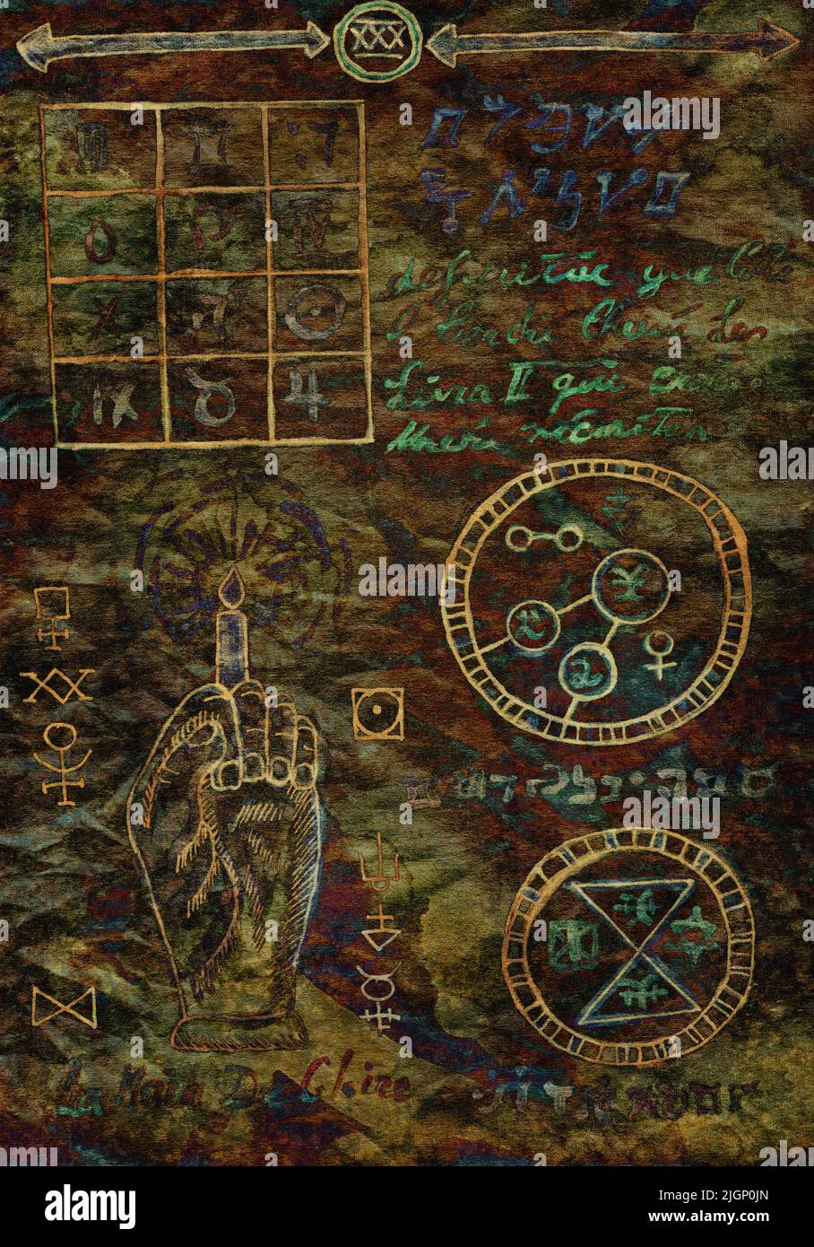 Hand drawn Halloween illustration of old page with wicca and mystic ...