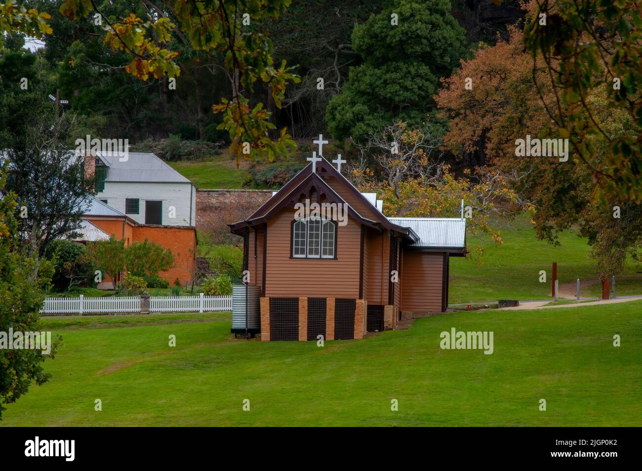 Port Arthur Australia, church or chapel in village surrounded by lawn ...