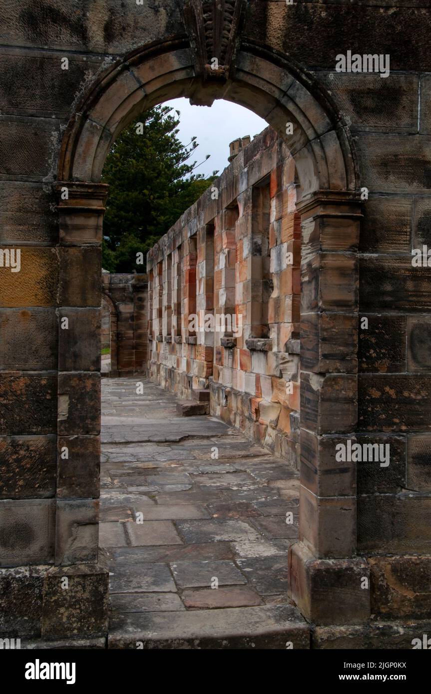 Port Arthur Australia, convict built arch way and building façade on an ...