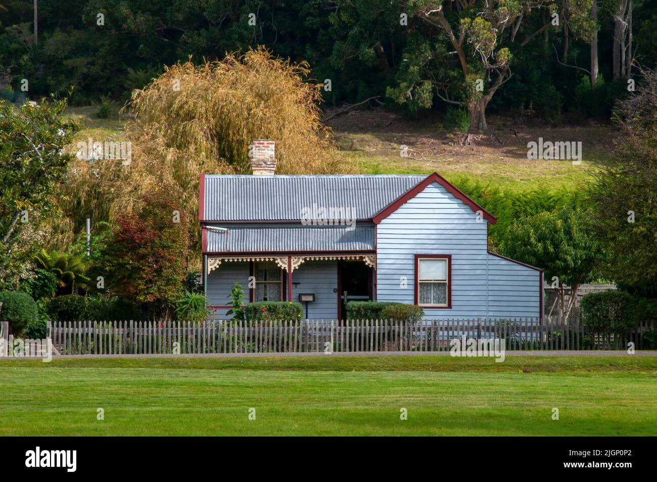 Port Arthur Australia, view across village green to weatherboard ...
