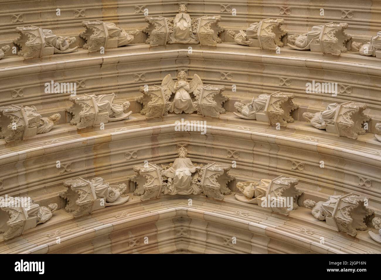 Sculptures of the central arcade of the Barcelona Cathedral, with neo ...