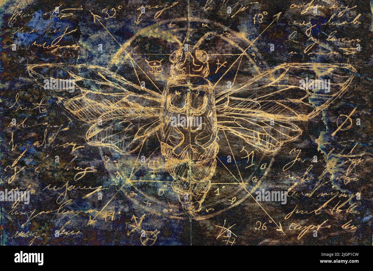 Hand drawn Halloween illustration of old page with wicca and mystic ...