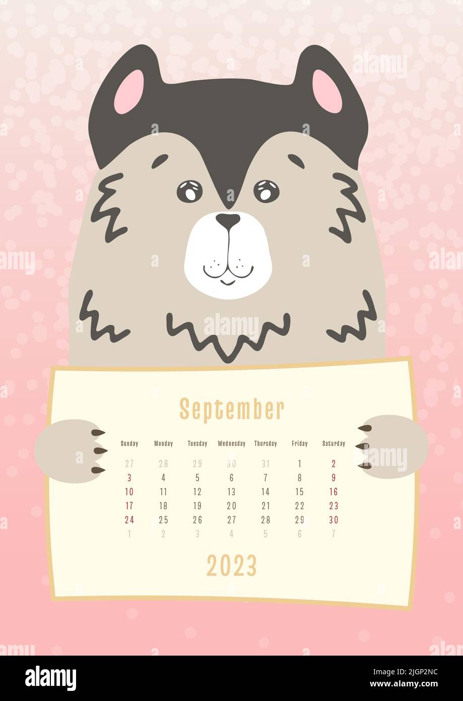 2023 september calendar, cute husky dog animal holding a monthly ...