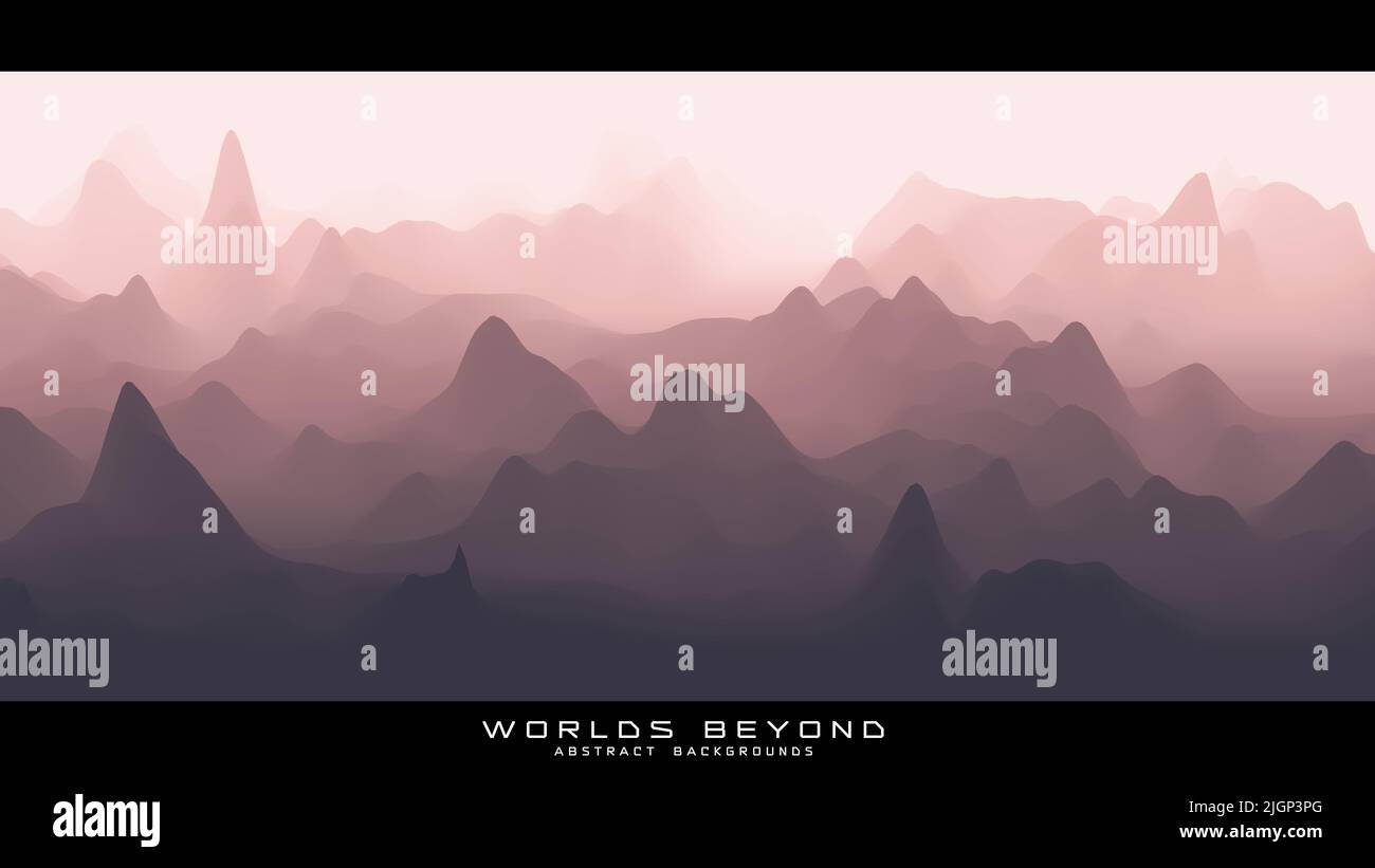 Abstract reddish landscape with misty fog till horizon over mountain ...