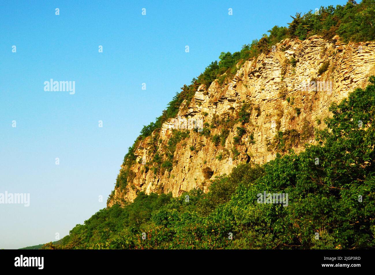 The exposed rock face of the Shawangunk Mountains rises from the forest ...