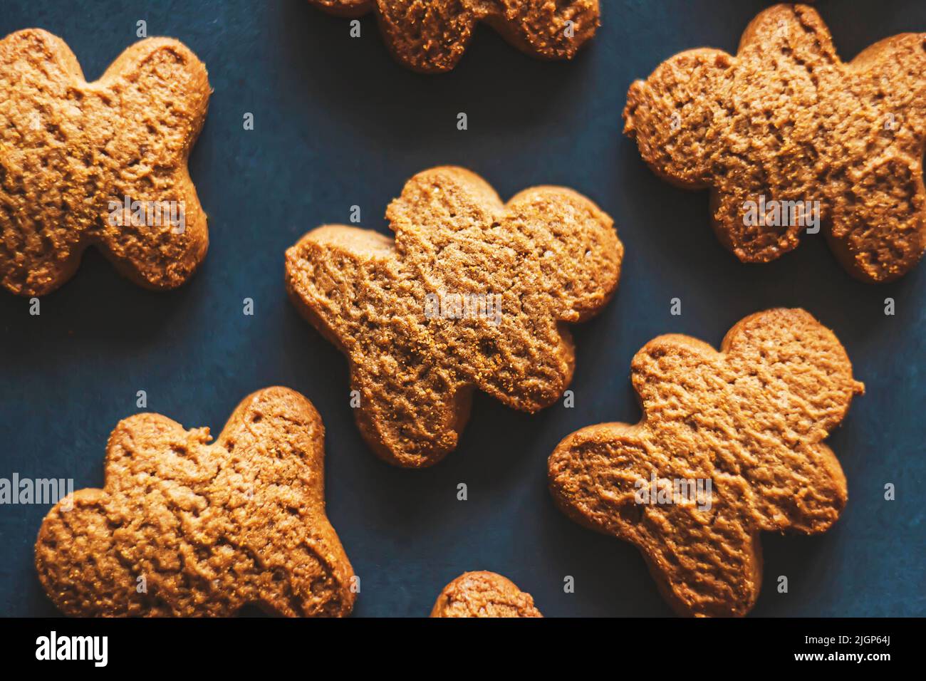 Top view of delicious oatmeal gingerbread men. Cute homemade cookies in ...