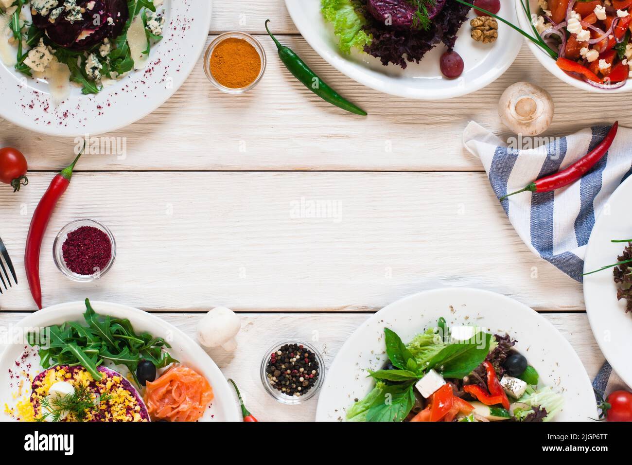 Fresh vegetable salads frame flat lay free space Stock Photo - Alamy