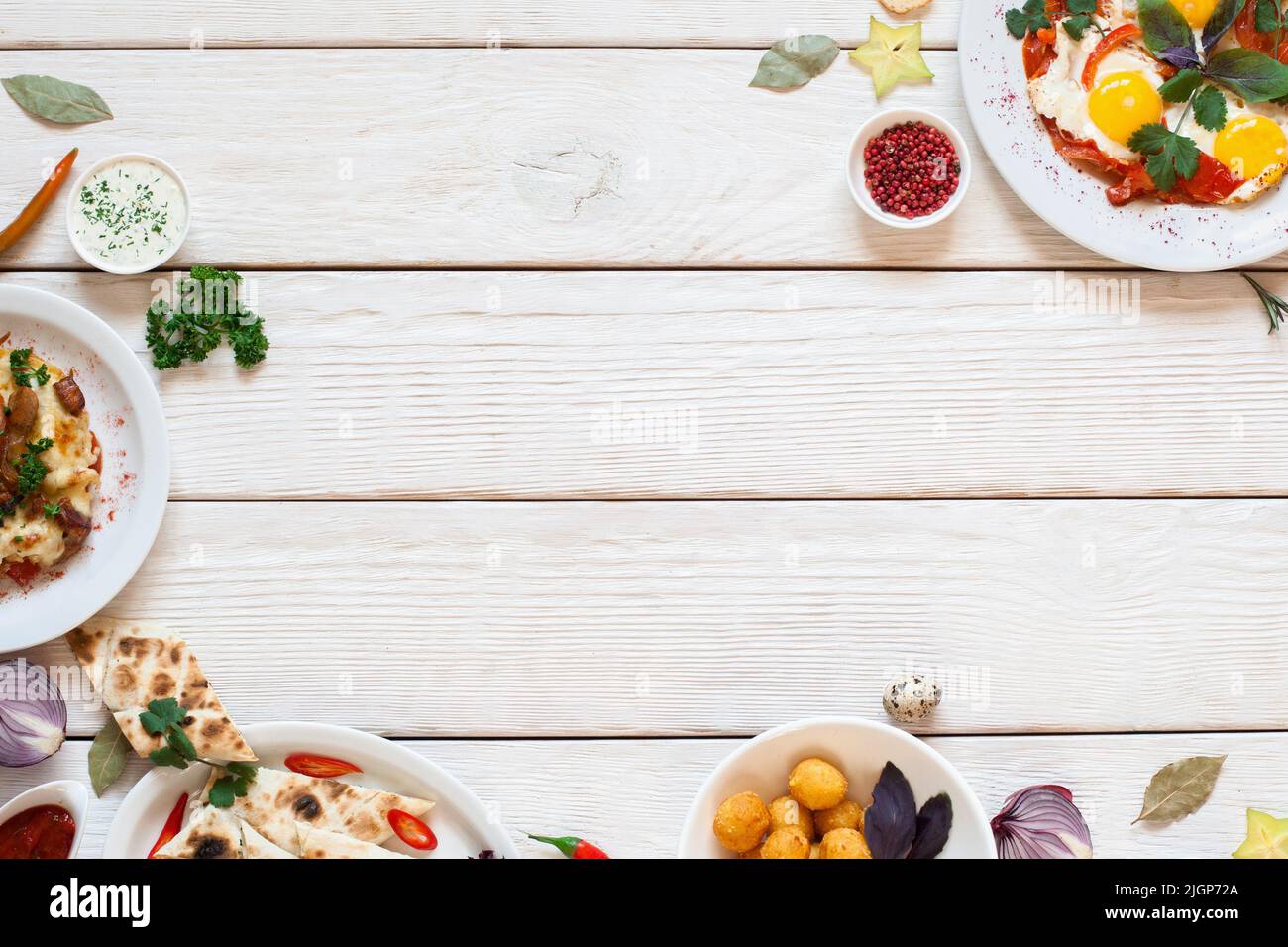 Delicious breakfast buffet frame on white wood Stock Photo - Alamy