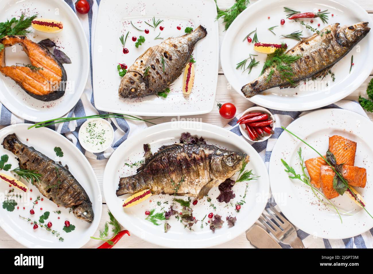 Assortment of fried fish dishes flat lay Stock Photo - Alamy