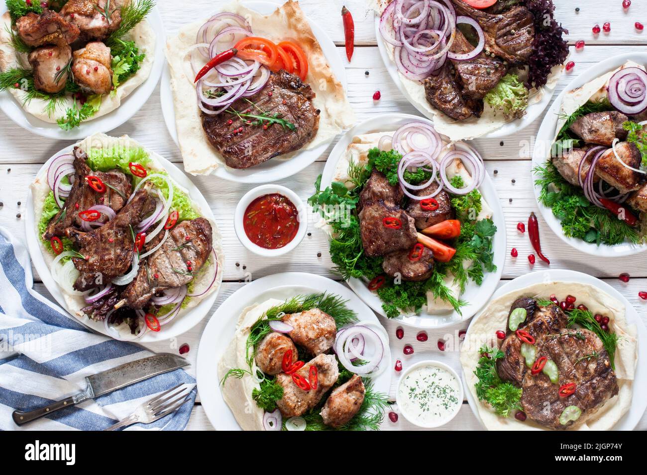 Assortment of grilled meat meals flat lay Stock Photo - Alamy