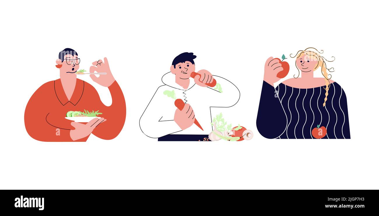 Set of different people eat healthy dishes. Male and female vegetarian ...