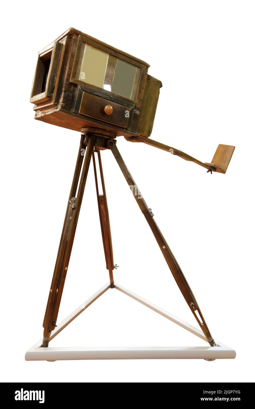 Very Old Camera on a wooden tripod on a white background Stock Photo ...