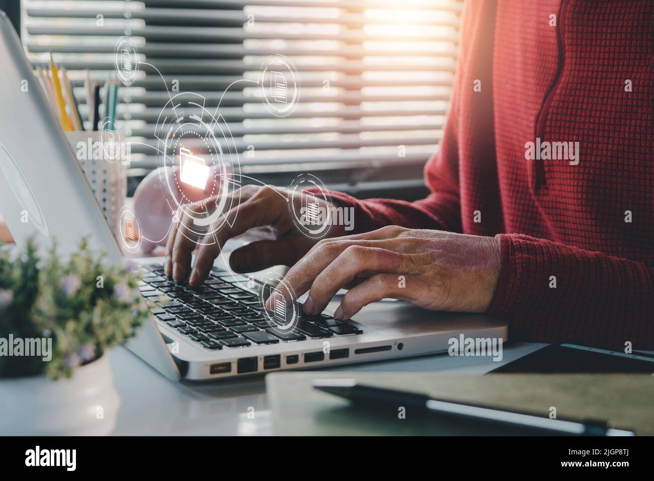 Document management system concept, Businessman working on laptop compter document management ...