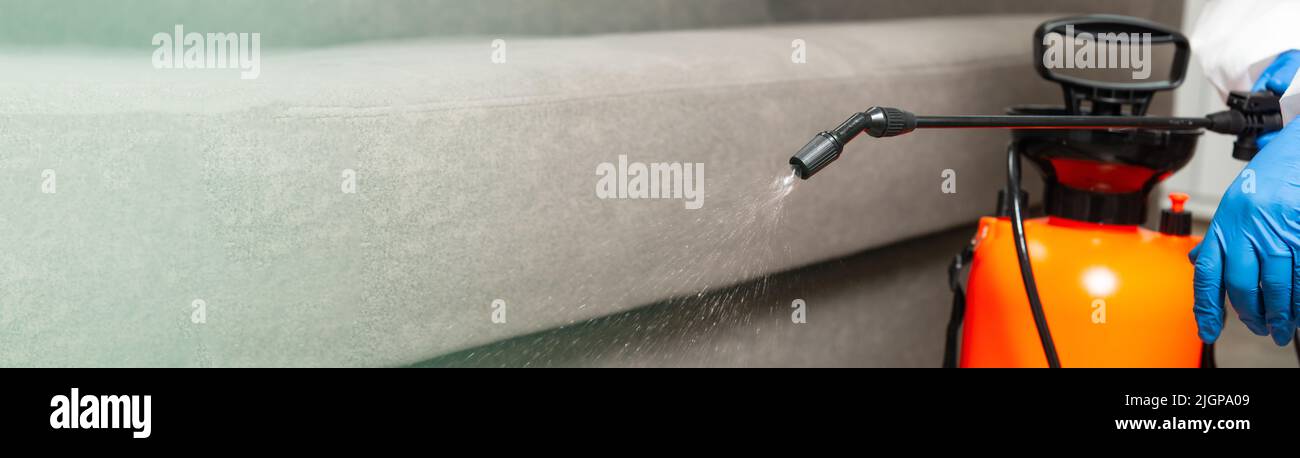 Spray gun with pesticides close-up. Fight against insects in apartments ...