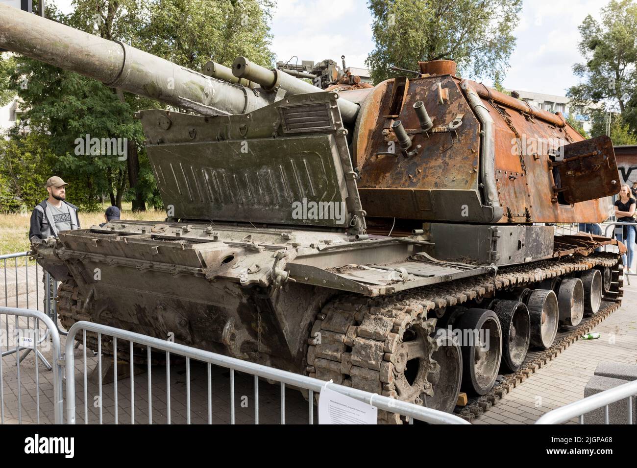 WROCŁAW, POLAND - JULY 12, 2022: Destroyed Russian military equipment exposition "For your and ...