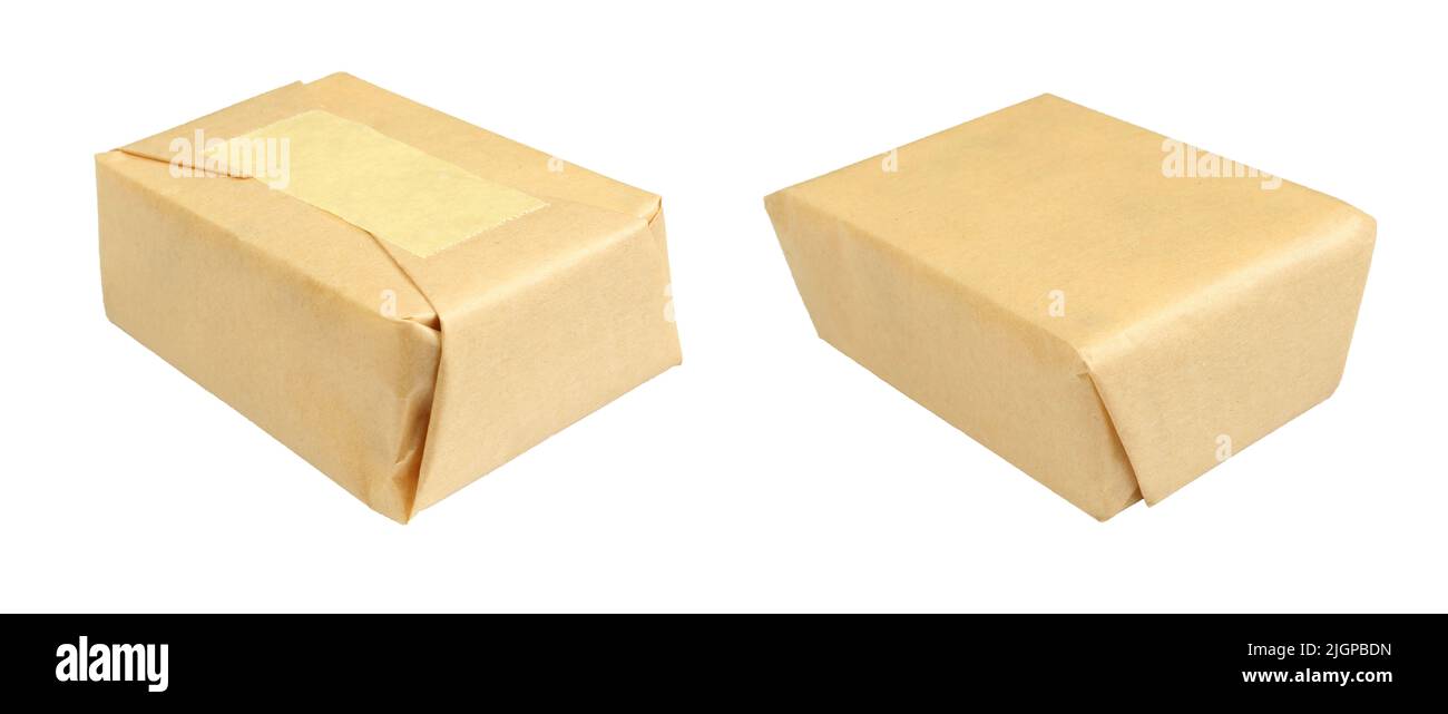 Two sides of brown carton packaging isolated on white background ...
