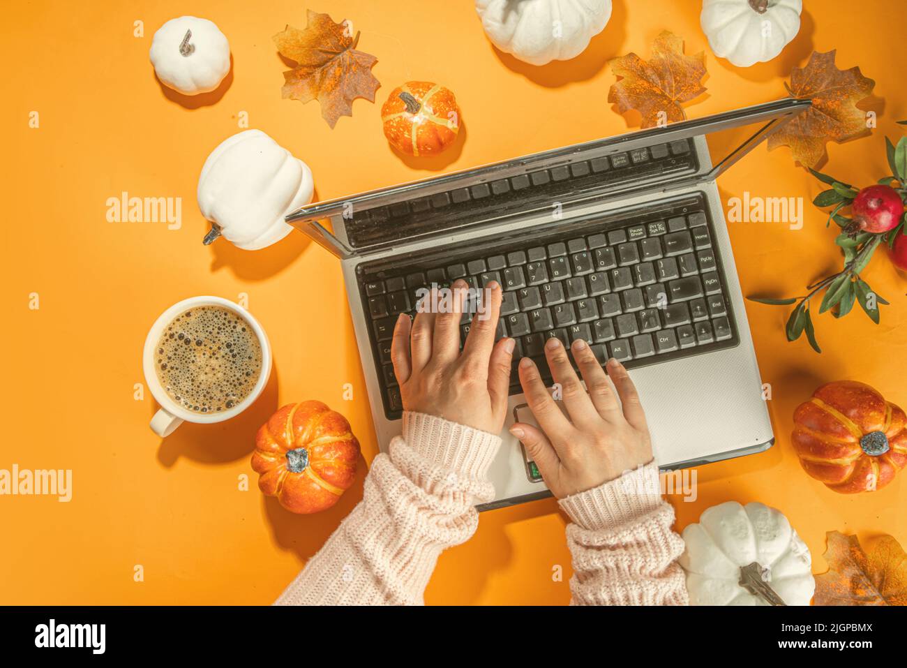 Autumn office work, education flatlay top view copy space. Cozy fall ...